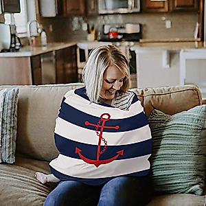 Baby Nursing Covers for Breastfeeding, Baby Car Seat Canopy Covers Scarf for Boys Girls, Nautical Anchor Stripes Canopy, Stretchy Soft Breathable Poncho Infant Stroller Cover, Navy Blue and Red