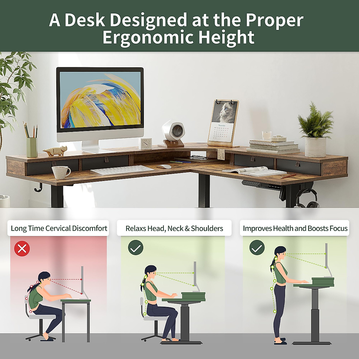 FEZIBO 63" L Shaped Standing Desk with 4 Drawers, Electric Standing Gaming Desk Adjustable Height, Corner Stand up Desk with Splice Board, Black Frame/Rustic Brown Top