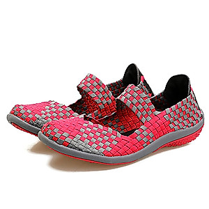 JOYVIP Womens Woven Elastic Ballet Dance Flats Handmade Slip On Sneakers Summer Shoes Rose Red 9