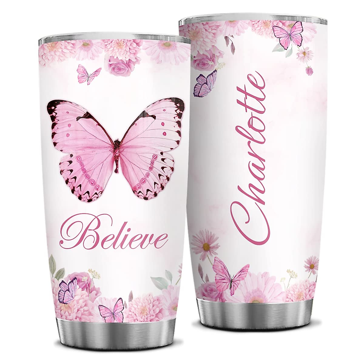 Wassmin Personalized Christian Tumbler Christian Gifts For Women Girls Butterfly Believe Mug Stainless Steel Coffee Travel Cup Mugs Inspirational Tumblers 20oz 30oz Birthday Religious Gifts