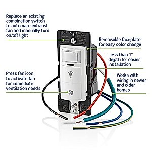 Leviton DHD05-1LW Dual Combination Humidity Sensor with Separate Light Switch, automate bathroom exhaust fan, air circulation, moisture control, ¼ HP, Single Pole/Single Pole, White