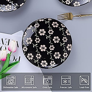 fanquare 8 Inch Japanese Dessert Plates Set of 6, Black Porcelain Pasta Bowls Set, Pink Floral Salad Plates for Soup