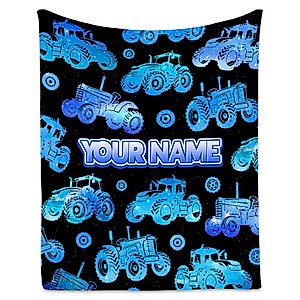 COOPASIA Personalized Tractor Blanket with Name, Tractors for Kids Ages 4-8 5-7 Throw Blanket, Kids Blanket for Car Lovers, Boys Throw Blanket Tractor Room Decor for Couch Office (Blue, 40x50 Inch)
