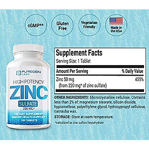 Zinc 220mg [High Potency] Supplement – Zinc Sulfate for Immune Support System 100 Tablets