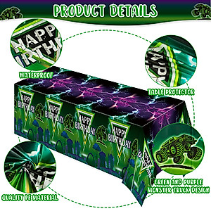 AwserTantue 3 Pack Green and Purple Monster Truck Tablecloths, Monster Truck Happy Birthday Disposable Rectangle Table Cover for Kids Baby Shower Theme Birthday Party Dinner Table Decor,108×54 inches