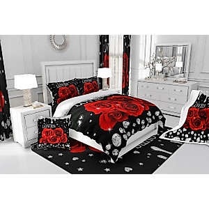 Erosebridal 3D Red Rose Comforter Cover Red and Black Bedding Set Queen Rose Flower Gifts for Her Women Men Couple Girlfriend Romantic Floral Duvet Cover Glitter Sequins Diamond Quilt Cover Zipper