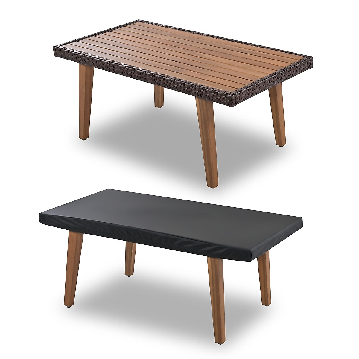 Hlcodca 4 Piece Wicker Patio Conversation Furniture Set,PE Rattan Patio Seating Set with Acacia Wood Tabletop and Legs, Outdoor Sofa Set for Balcony, Porch, Backyard (Brown and Blue/)