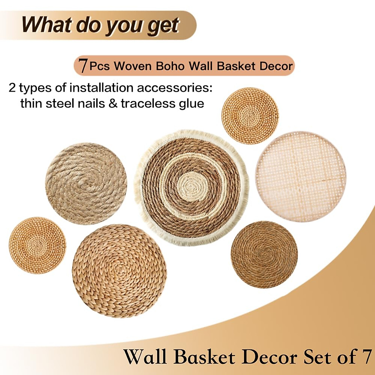 ALYBSOO Boho Wall Basket Decor set of 7, Woven Seagrass Wicker Rattan Flat Baskets Wall Hanging Decor, Handmade African Round Wall Baskets Decor, for Living Rooms, Bedrooms