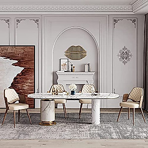 AQG Mid Century Modern Dining Chairs Set of 2, Upholstered Faux Leather Walnut Curved Back Contemporary Kitchen Dining Accent Chair, Minimalist Vintage Style (Beige, Pack of 2)