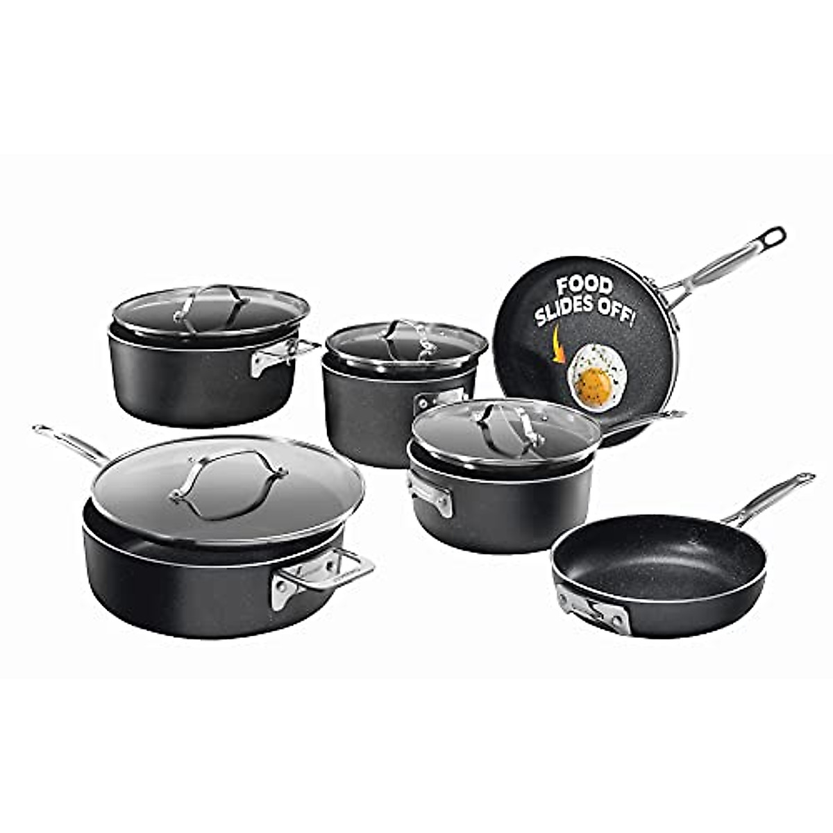 Granitestone Original Stack Master 10 Piece Cookware Set, Triple Layer Nonstick Granite Stone with Diamond infused Coating, Dishwasher Oven Safe, Non-Toxic Pots and Pans, Large, Black