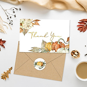 Whaline 32 Packs Fall Pumpkin Gold Foil Thank You Cards Autumn Watercolor Greeting Cards Blank Note Cards with Envelopes and Stickers for Thanksgiving Birthday Baby Shower Party, 4 x 6 Inch