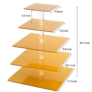 BLBYHO 5 Tier Gold Cupcake Stand, Acrylic Cup Cake Tower Display Dessert Stand, Square Cake and Cupcake Stand Combo Set for Dessert Table Bases para Cupcakes, Good for Party, Wedding, Christmas