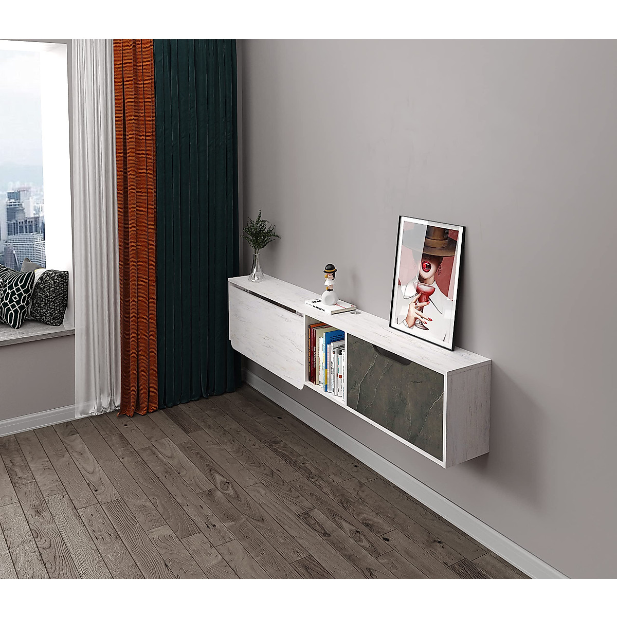 Pmnianhua Floating Wall Desk with Storage Shelves, 70'' Large Wall Mounted Desk Laptop Computer Writing Study Table for Bedroom Small Space (Grayish White-Left)