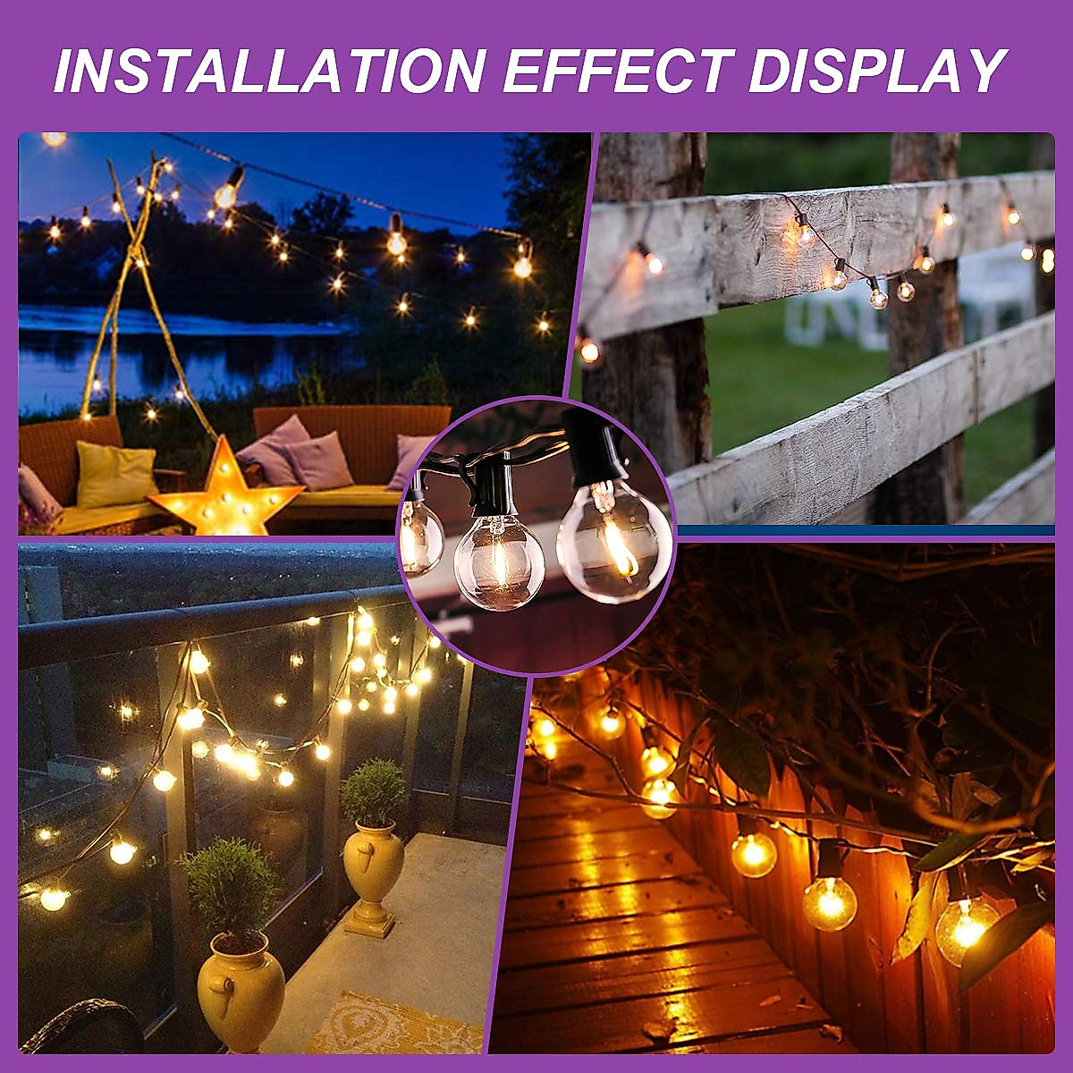 JFQSUNSINE Solar String Lights Outdoor, 25Ft 15 LED Bulbs Waterproof G40 Patio Lights, Solar Powered String Lights with USB Charging, 4 Modes for Party Patio Garden Wedding Xmas Decoration