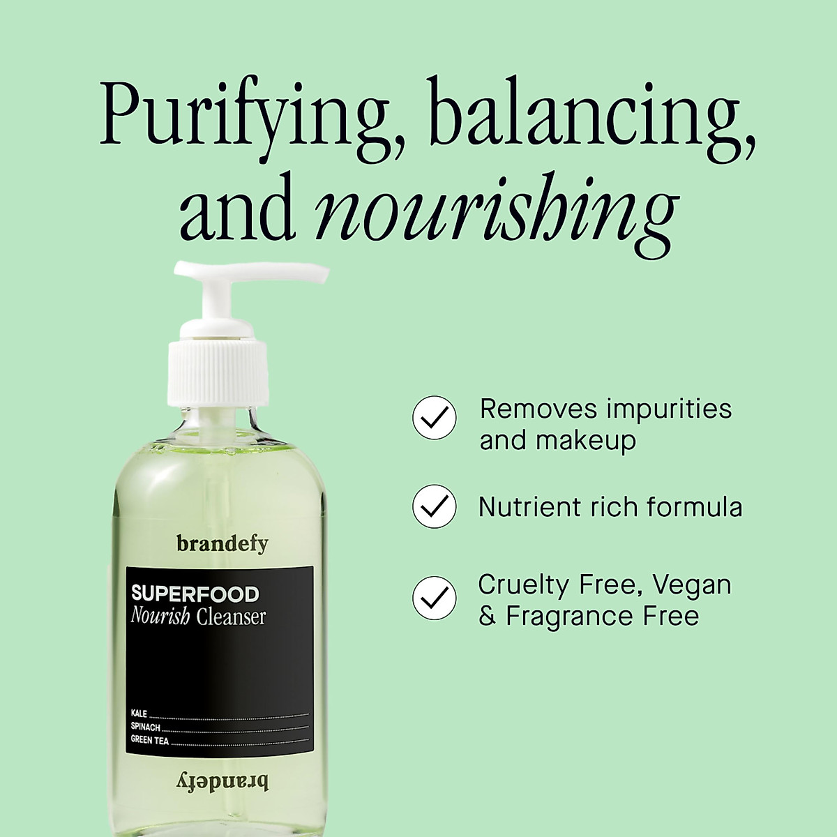 Brandefy Superfood Face Wash, Gentle & pH Balanced Cleanser w/Kale, Green Tea, Spinach, Vitamin C, E, K2- Softens & Nourishes Skin, Organic Facial Cleanser for All Skin Types (8 Fl Oz)