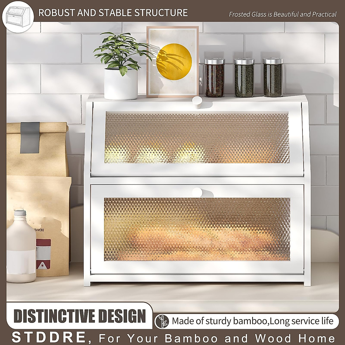 STDDRE Bread Box for Kitchen Countertop Bin Double Layer Bread Box Storage Container Extra Large Capacity Farmhouse Bread Box with Diamond Pattern Windows(Bamboo White)