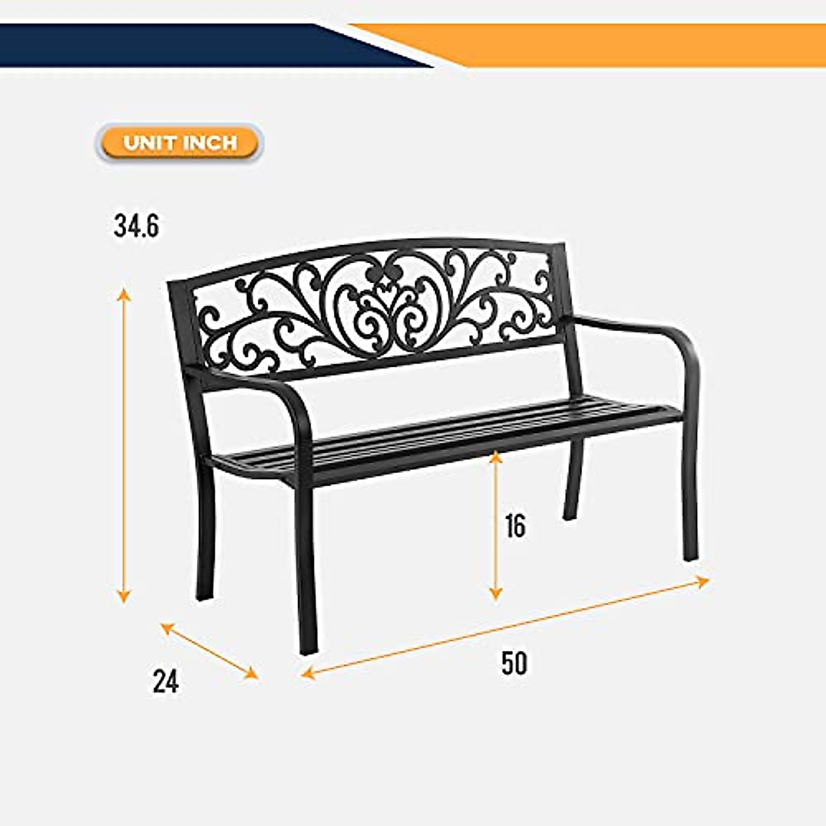 FDW 50in Garden Bench,Powder-Coat Steel Outdoor Benches,500LB Capacity Patio Bench Outdoor Benches for Porch,Garden, Park,Backyard