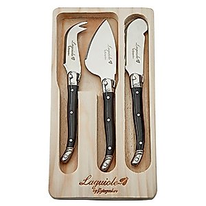 Laguiole By FlyingColors Butter Knife Spreader Cheese Knife Set, with Wooden Gift Holder, 3 Pieces (Black)
