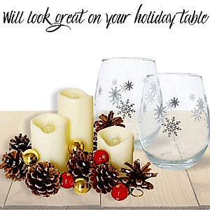 Snowflake Winter Wine Glass Set - Set of 4 Stemless Glasses with Silver Snowflake Designs - 20 oz