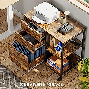 YaFiti Office File Cabinet, 3 Drawer Lateral Filing Cabinet with Socket and USB Charging Port, Printer Stand with Open Storage Shelves fits A4 or Letter Size, Rustic Brown