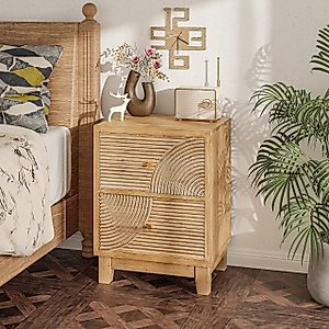 COZAYH 2-Drawer Farmhouse Nightstand, Mid Century Nightstand Fully Assembled with Handcrafted Wood Ring Pattern for Boho, Mid-Century, Rustic Style, Natural Wood