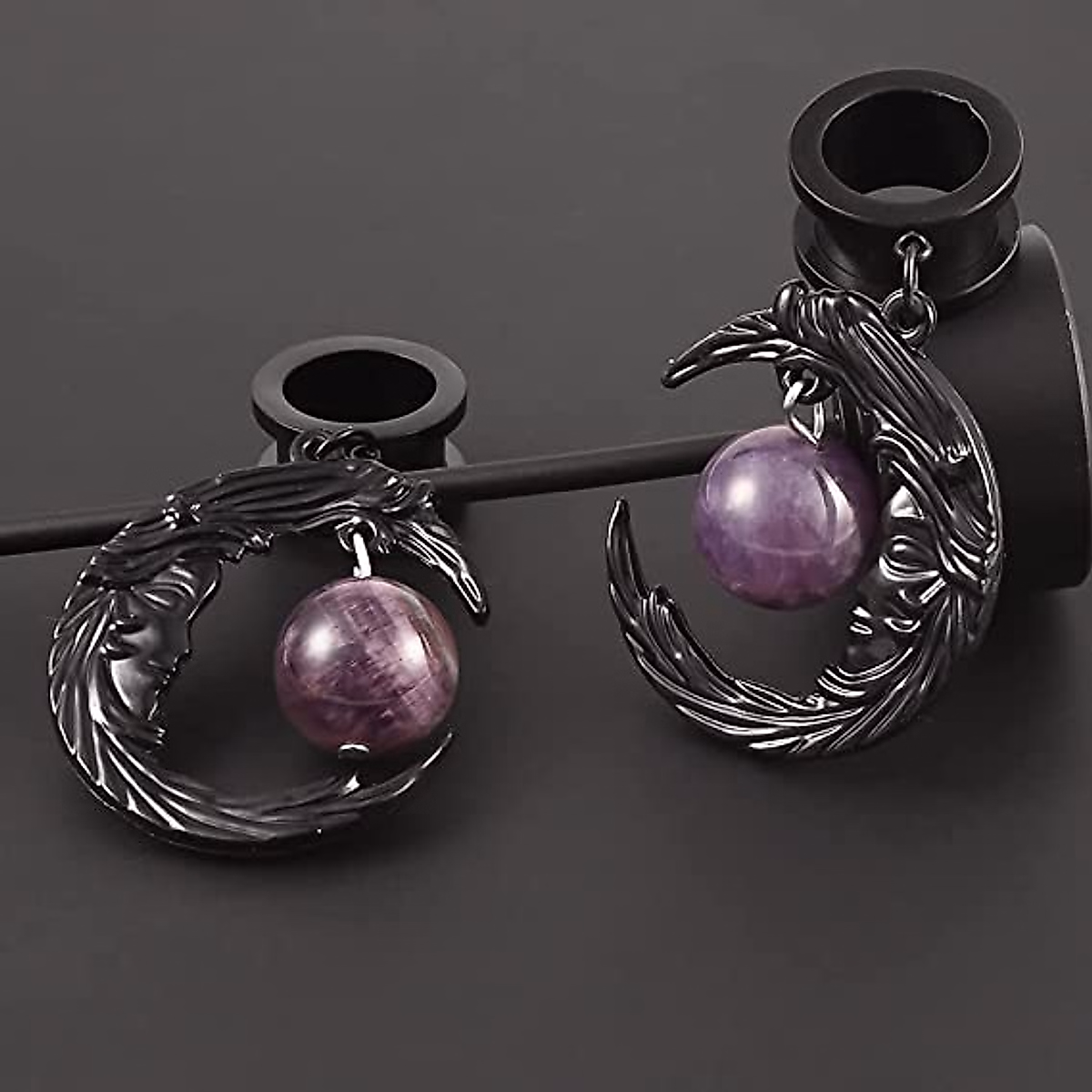 Atomhole 2PCS Moon Dangle Ear Tunnels Gauges 316 Stainless Steel Hypoallergenic Earrings Plugs Expanders for Stretched Piercing Body Jewelry (10mm(00G), Black)