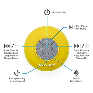 Soundbot SB510 Bluetooth Shower Speaker HD Water Resistant Bathroom Speakers, Handsfree Portable Speakerphone with Built-in Mic, 6hrs of Playtime, Control Buttons and Dedicated Suction Cup (Yellow)