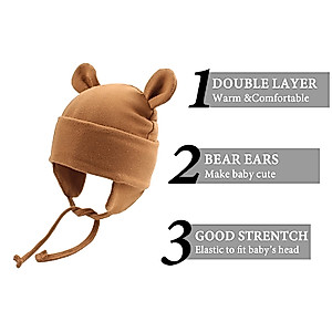JANGANNSA Bear Cotton Newborn Hat Ear Flap Baby Hospital Cap New Born Warm Beanie for Boys Girls Autumn Winter (White+Navy Blue+Coffee, 0-6 Months)
