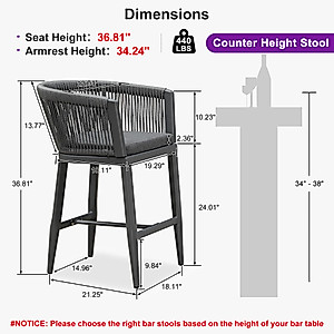PURPLE LEAF Counter Height Bar Stools Set of 2 Rattan Bar Stools with Cushions Outdoor Bar Chairs for Outdoor or Indoor Kitchen Backyard Poolside Patio Grey