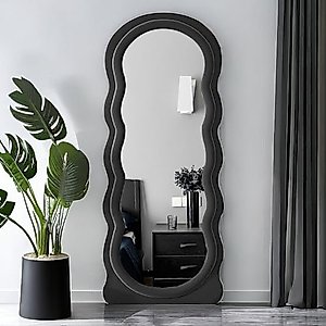 AyeWish Floor Mirror, Wavy Full Length, Wave Standing, Large Tall Wall Mounted or FreeStanding, 63"24", Flannel Frame- Black