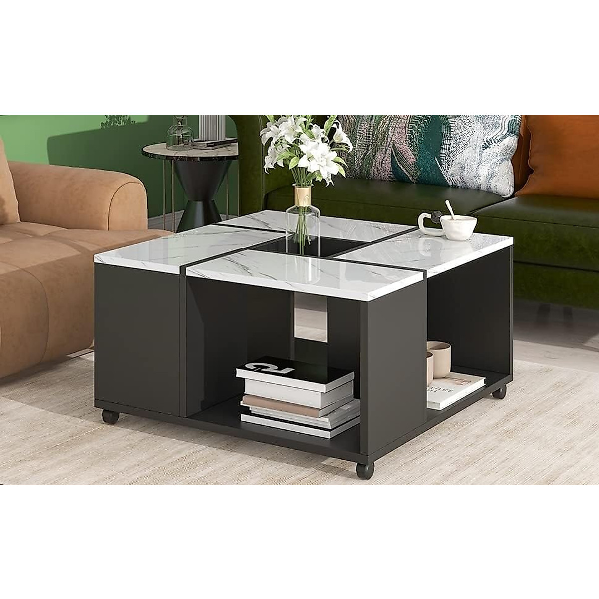 Modern Coffee Table with Storage & Casters, Coffee Tables for Living Room Cocktail Table with Removable Tray, Living Room High Gloss White Marble Top Center Table for Home Office