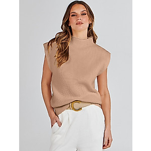 LOGENE Women's Sweater Vest Sleeveless Mock Neck Tank Top Ribbed Knit Cap Sleeve Pullover Sweaters 2023 Fall Trendy Clothes apricot Medium