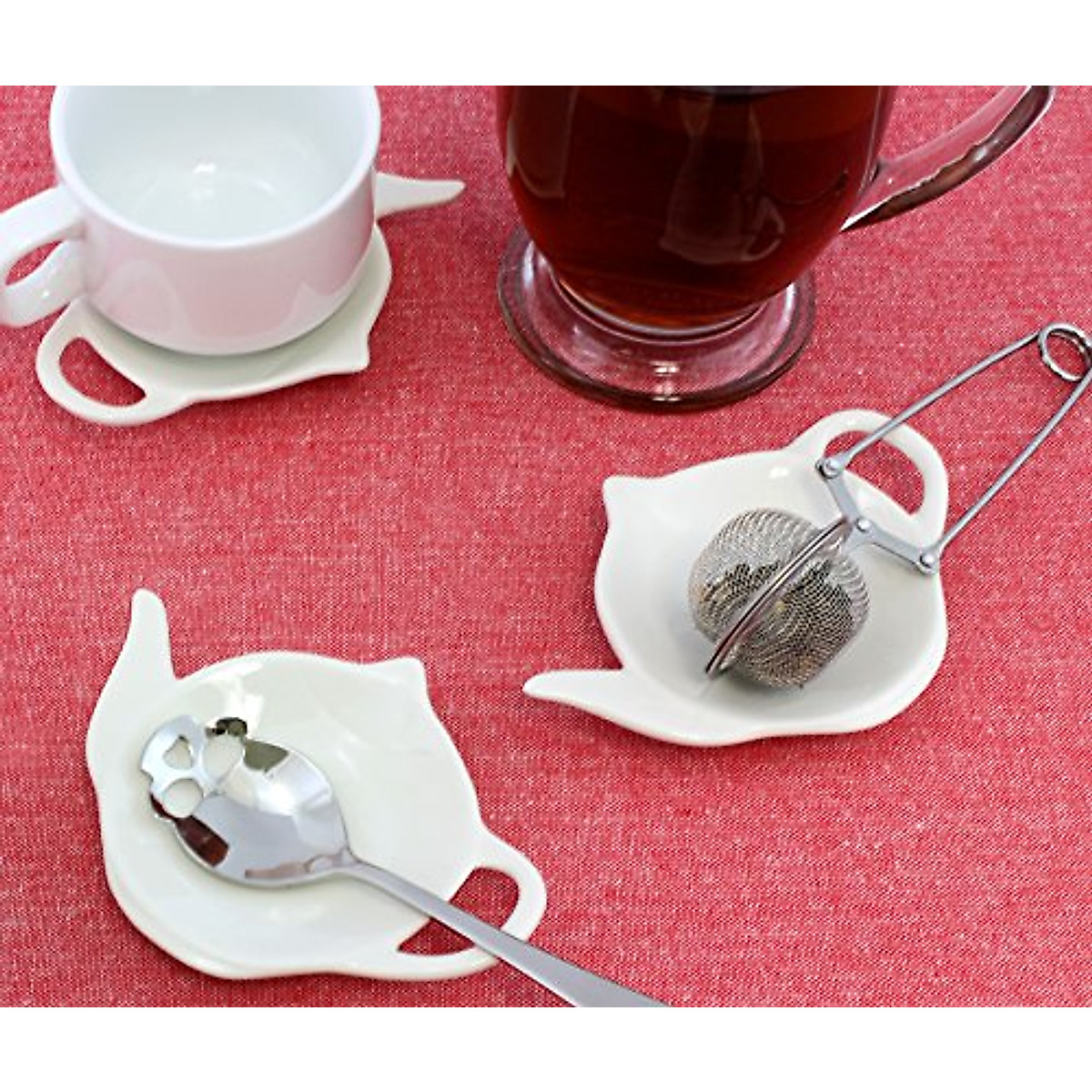 Cornucopia White Ceramic Tea Bag Coasters — Spoon Rests; 4-Pack Classic Teabag Caddy Holder Saucer Set