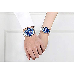 MASTOP Couple Watches Classic Golden Stainless Steel Watch His and Hers Waterproof Quartz Watch (Silver Blue)
