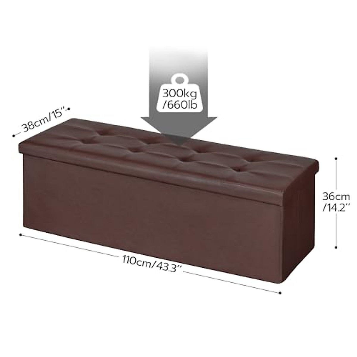 HOOBRO 43.3 Inchs Folding Storage Ottoman Bench, Storage Chest, Footrest, Coffee Table, Padded Seat, Upholstered Top, Holds up to 660 lb, for Living Room, Bedroom, Entryway, Brown BR110CW01