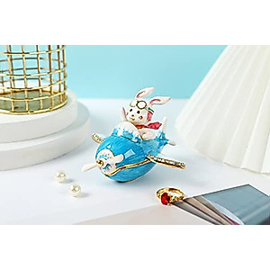 Furuida Airplane and Captain Rabbit Trinket Boxes Hinged Enamel Hand-Painted Animals Ornaments Unique Gift for Home Decor