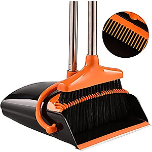 Broom and Dustpan Set-Self Cleaning with Dustpan Teeth Standing Dust Pan Self Cleaning with Dustpan Teeth Standing Dust Pan for Home Kitchen Easy Assembly, Orange