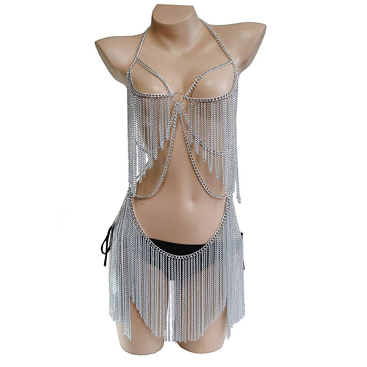 Yixin Women's metal body chain set Indian belly chain Bohemian jewelry bikini Halloween Costume Party (gold) (4001-silver)