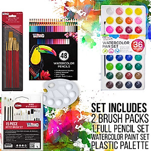 US Art Supply 136-Piece Deluxe Watercolor Painting & Sketch Drawing Set with Wood Drawer Table Easel - Colored Pencils, Watercolor Paint, Sketchbook, Drawing Paper Pads, Brushes, Pallete