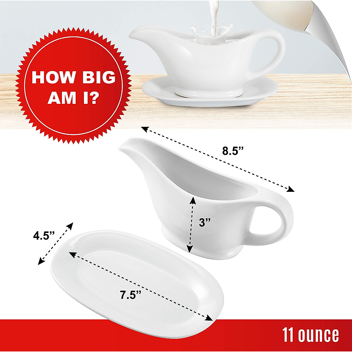 Bruntmor 11 Oz White Ceramic Gravy Boat With Tray, 11 Ounce Small Ceramic Serving Dish, Dispenser with Tray For Sauces, Gravy Boats With Saucer For Thanksgiving And Christmas Dinner