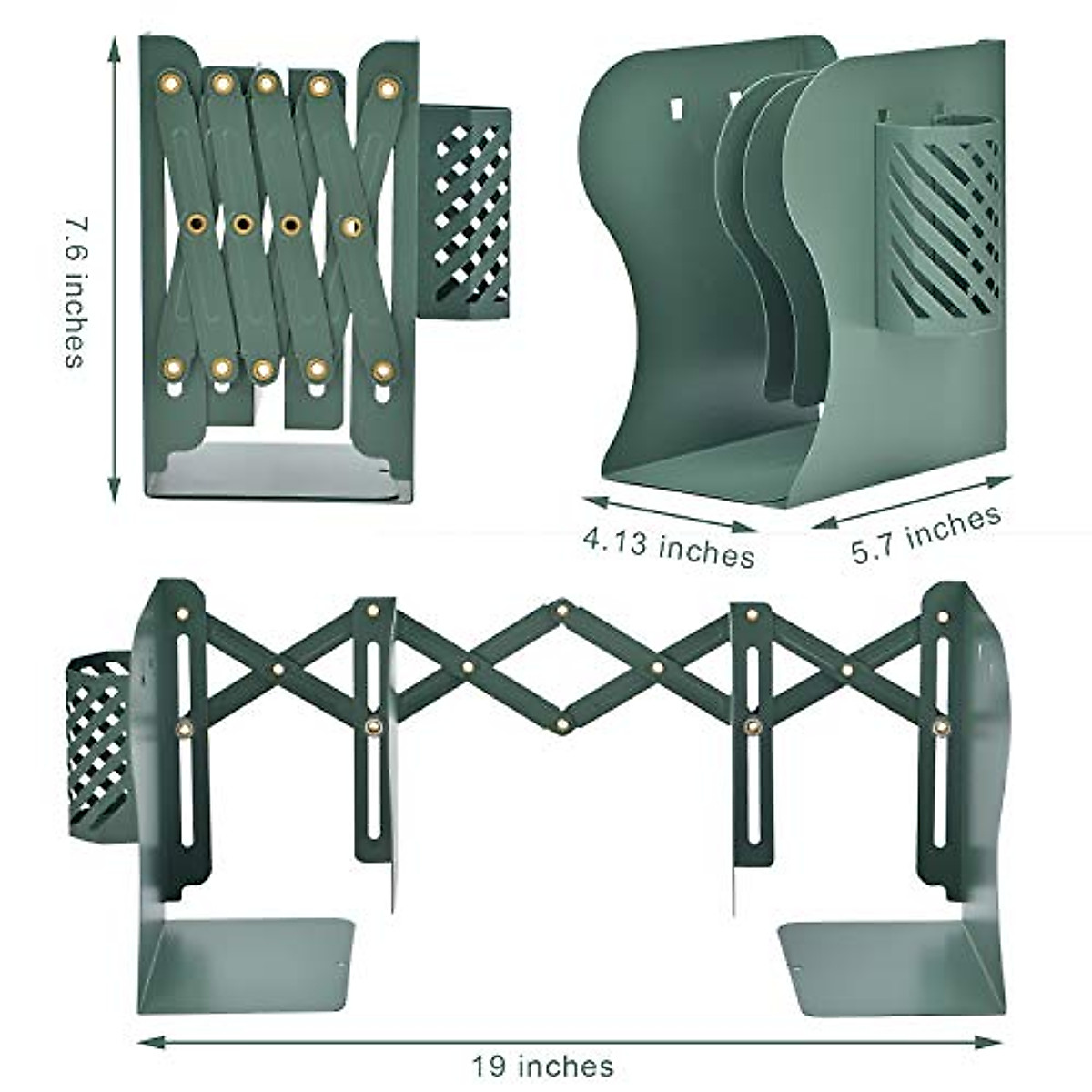 Shoccolt Adjustable Bookends Book Holders for 3 Compartments Heavy Duty Metal Steel Book Stand Desktop Organizer Expandable Bookshelf with Pen Holder for Home Office School Library (Green)