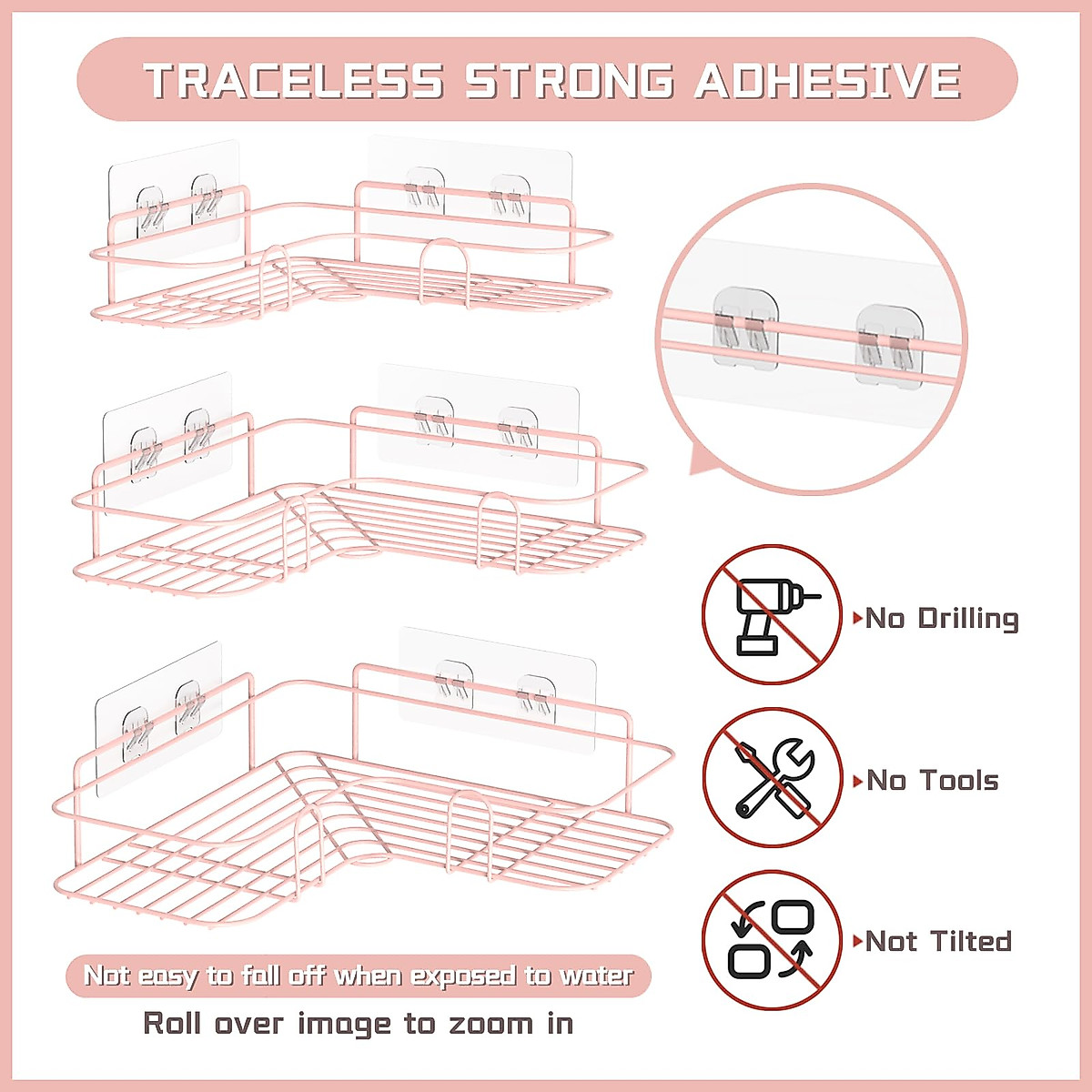 Corner Shower Caddy,4-Pack Adhesive Shower Organizer with Soap Holder,No Drilling Shower Shelves Stainless Steel Rustproof Shower Rack for Bathroom, Kitchen Storage,Pink