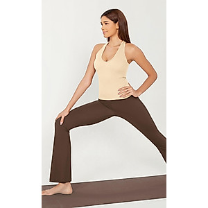 ODODOS 3-Pack Seamless Racerback Tank for Women Ribbed Knit Soft Sleeveless Tank Tops, Waist Length, Oatmeal+Barn Red+Brunette, Medium/Large