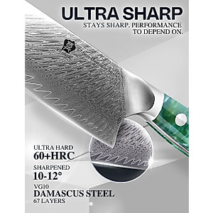 WILDMOK Chef Knife, 8 inch Damascus Japanese Kitchen Cooking Knife,Japanese VG10 Steel Green Resin Handle kitchen knives,Damascus chef's knives Including Gift Box