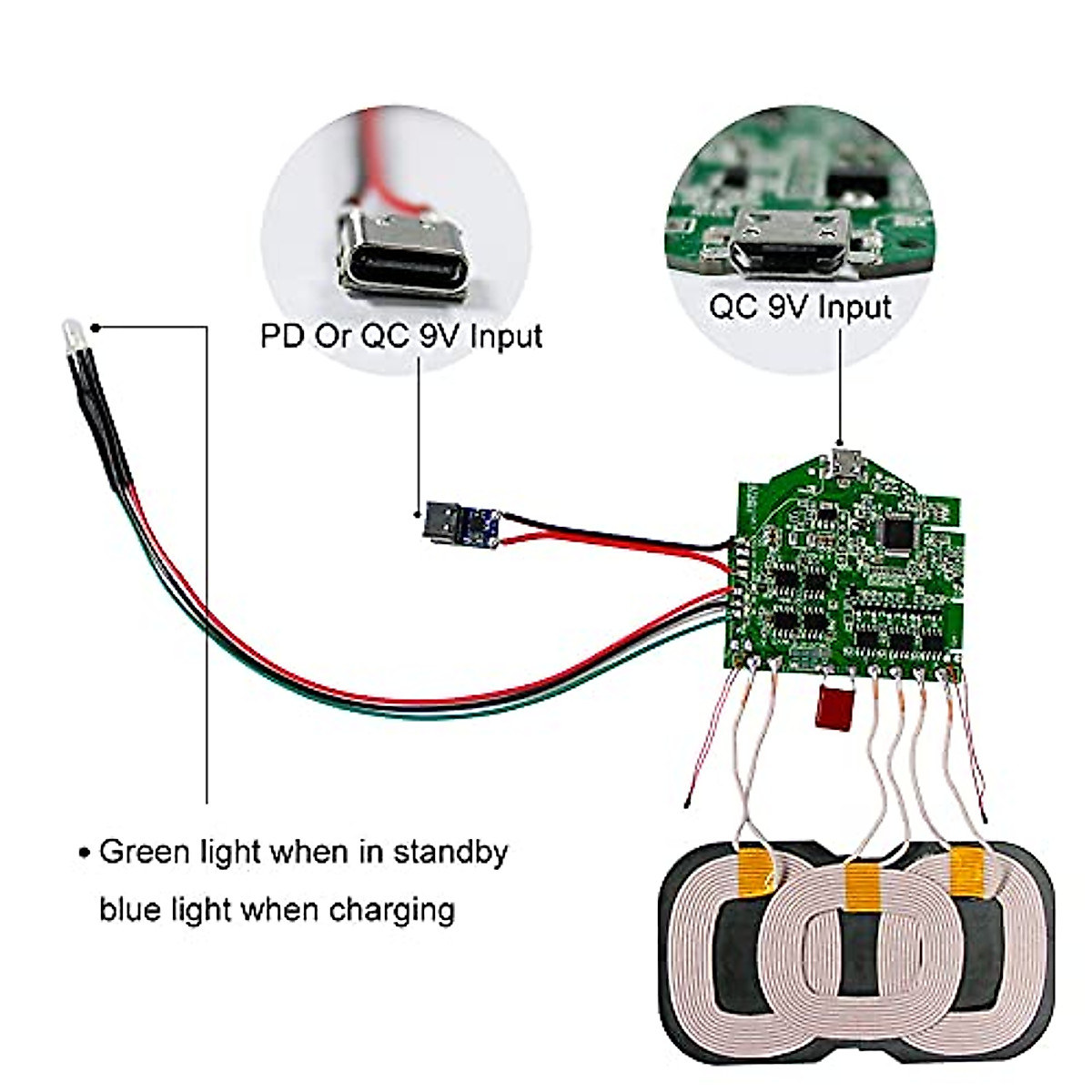 Uumao 3 Coils Wireless Charger PCBA-High-end Chip Solution QI Standard-Universal Type-C&Micro Interface-DIY High Power 9V2A Charger Wireless Transmitter Module Parts