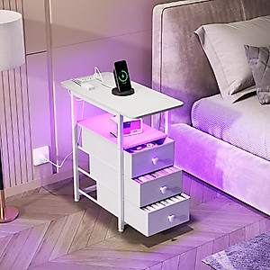 DALEMHOME End Table with Charging Station, Narrow Side Table with 3 Fabric Drawers, Skinny Nightstand with LED Light for Small Spaces, Bedroom, Living Room, White HKET1303WT