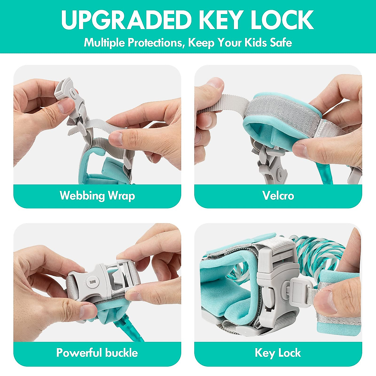 Toddler Leash 2 Pack, Kids Leashes for Backpack, Key Lock and Induction Lock, Anti Lost Wrist Links Baby Walking Harness for Travel Outdoor Activities(Light Pink+Green)