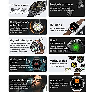 Tuanzi JM08 2 in 1 Smart Watch with Earbuds 1.28" Smartwatch TWS HiFi Stereo Wireless Headset Combo Bluetooth Phone Call for Android iOS (Black Leather)