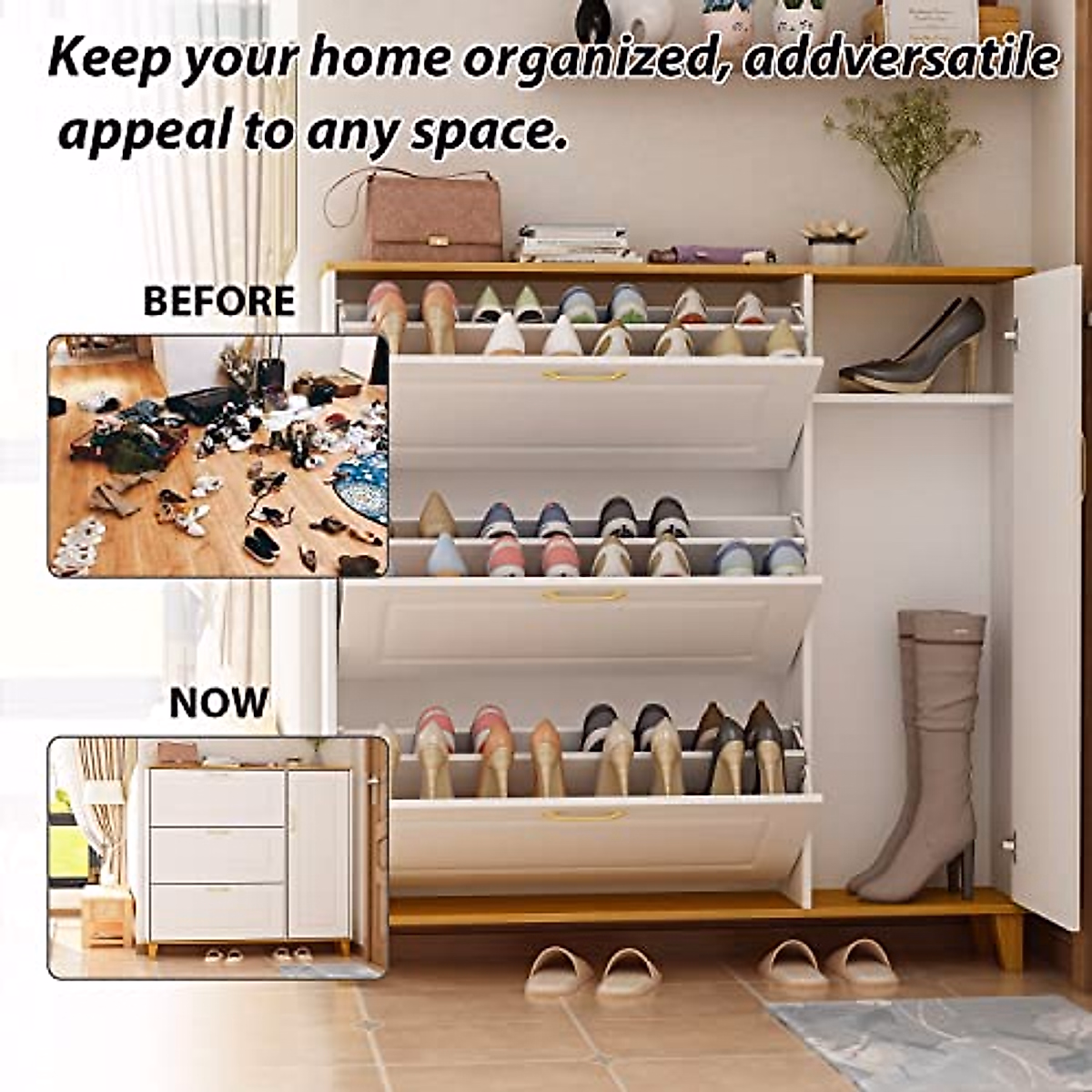 DiDuGo Modern Shoe Storage Cabinet with 3 Compartment & 1 Locker, Shoe Cabinet Organizer for Entryway White-Walnut (47.2”W x 9.5”D x 49.4”H)