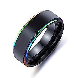 MZZJ Partners in Crime Couple Ring 8MM&6MM Black Brushed 2 Tone Stainless Steel Rainbow Step Edge Wedding Band Engagement Matching Ring for Him Her,Valentine's Day Anniversary Birthday Gift